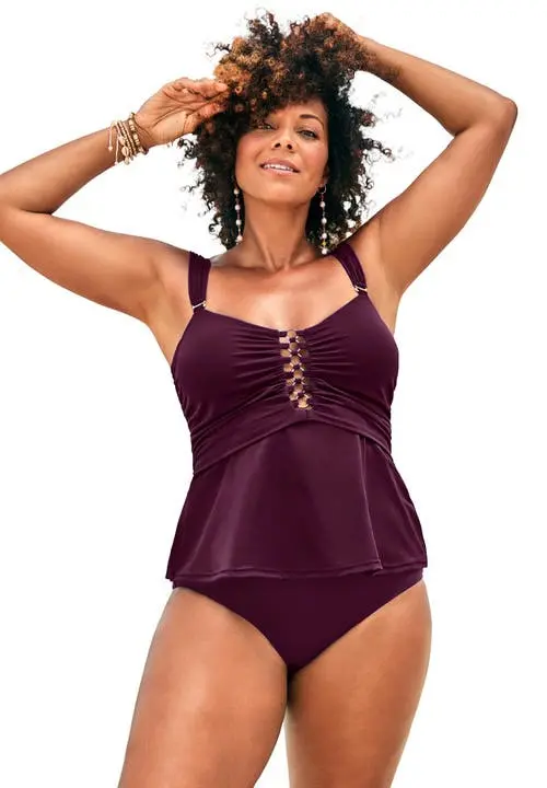 SWIMSUITS FOR ALL Underwire Shirred Ring Bandeau Tankini Top - Black Cherry