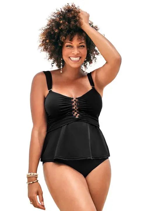 SWIMSUITS FOR ALL Underwire Shirred Ring Bandeau Tankini Top - Black