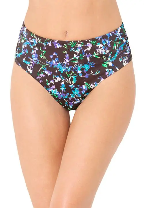 SWIMSUITS FOR ALL Side Shirred High Waist Swim Brief - Espresso Floral
