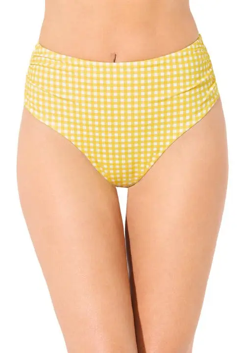 SWIMSUITS FOR ALL Side Shirred High Waist Swim Brief - Lemon Mist Gingham
