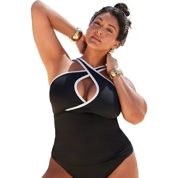 SWIMSUITS FOR ALL Crisscross High Neck Tankini Top - Black White