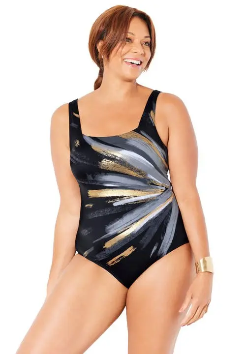 SWIMSUITS FOR ALL Chlorine Resistant Square Neck One Piece Swimsuit - Black Gold Starburst