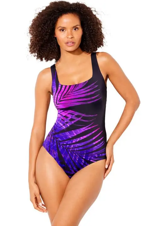 SWIMSUITS FOR ALL Chlorine Resistant Square Neck One Piece Swimsuit - Purple Electric Palm