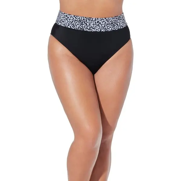 SWIMSUITS FOR ALL High Waist Shirred Brief - Black White Abstract