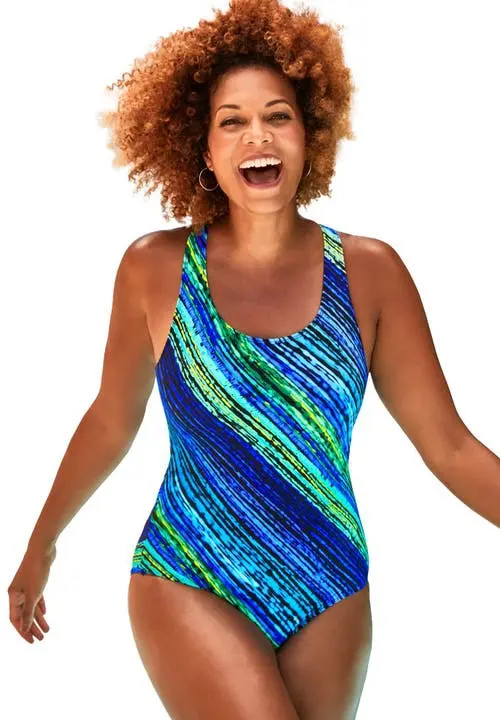 SWIMSUITS FOR ALL Chlorine Resistant Crossback One Piece Swimsuit - Teal Diagonal Stripe