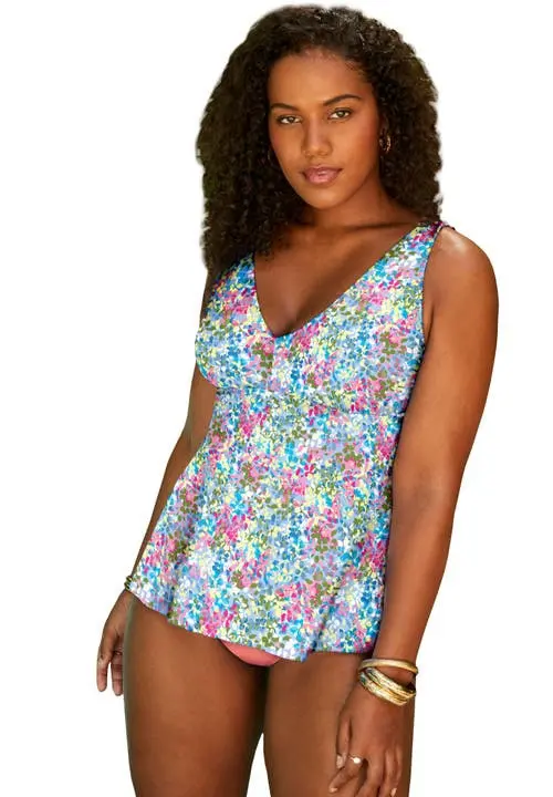 SWIMSUITS FOR ALL V-neck Flowy Tankini Top - Floral Ditsy