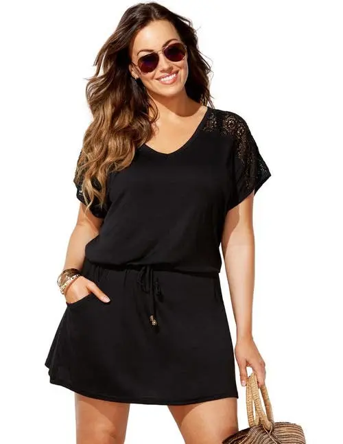 SWIMSUITS FOR ALL Crochet Cover Up Tunic - Black