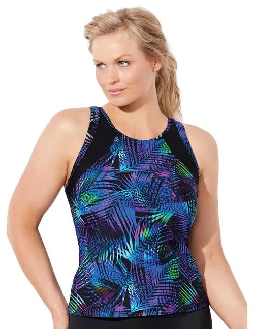 SWIMSUITS FOR ALL Chlorine Resistant High Neck Racerback Tankini Top - Neon Palm