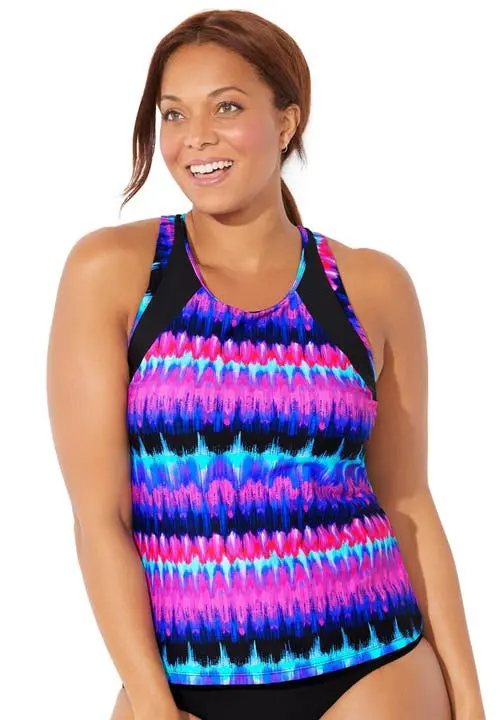 SWIMSUITS FOR ALL Chlorine Resistant High Neck Racerback Tankini Top - Pink Abstract