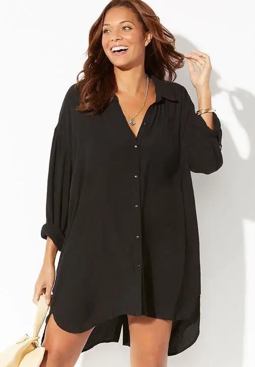 SWIMSUITS FOR ALL Shea High-low Button Front Cover-up Shirt