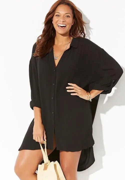 SWIMSUITS FOR ALL Shea High-low Button Front Cover-up Shirt