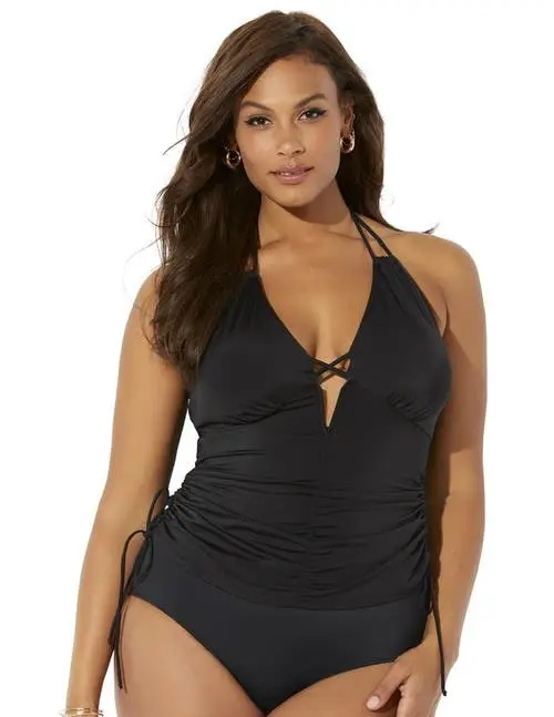 SWIMSUITS FOR ALL Plunge Tankini Top - Black