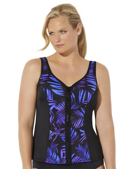 SWIMSUITS FOR ALL Zip Front Tankini Top With V-neck - Blue Palm