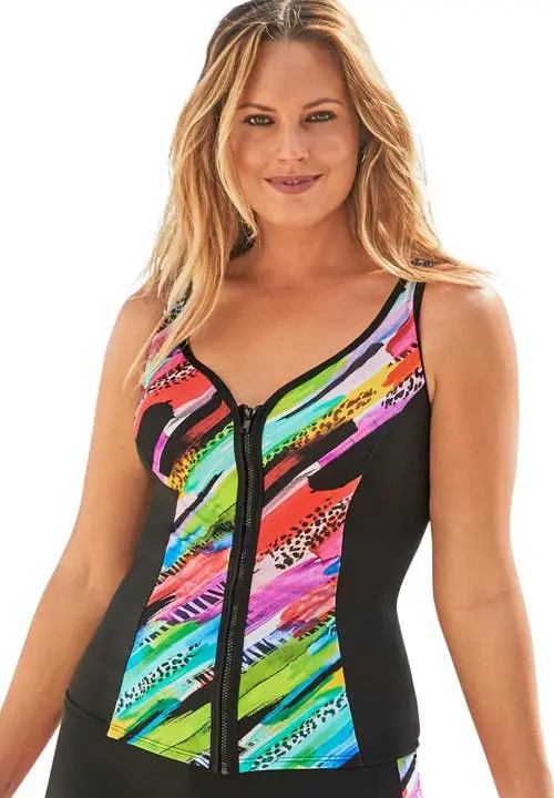 SWIMSUITS FOR ALL Zip Front Tankini Top With V-neck - Multi Animal