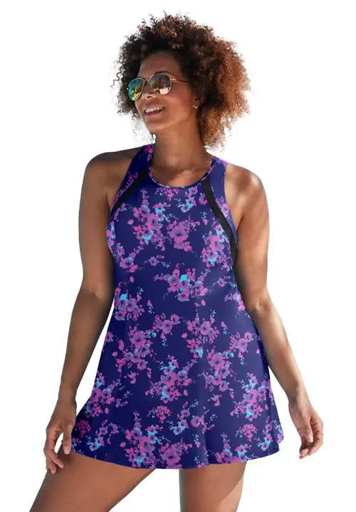 SWIMSUITS FOR ALL High Neck Two Piece Racerback Swimdress - Purple Poppies