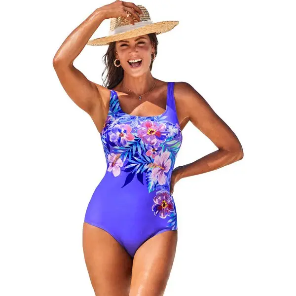 SWIMSUITS FOR ALL Printed Tank One-piece Swimsuit - Electric Iris Hibiscus