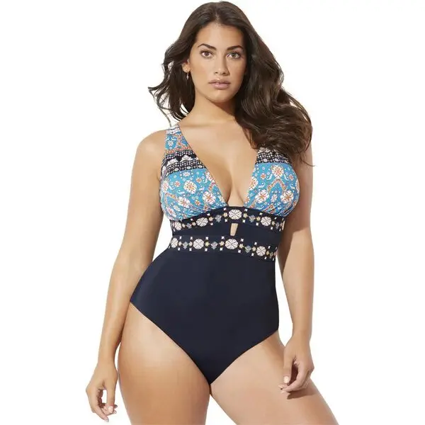 SWIMSUITS FOR ALL Plunge One-piece Swimsuit - Engineered Navy