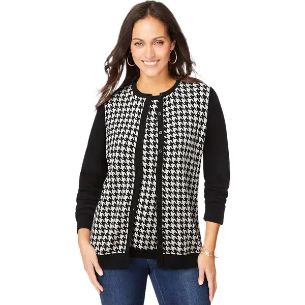 JESSICA LONDON Fine Gauge Button-front Cardigan - Houndstooth