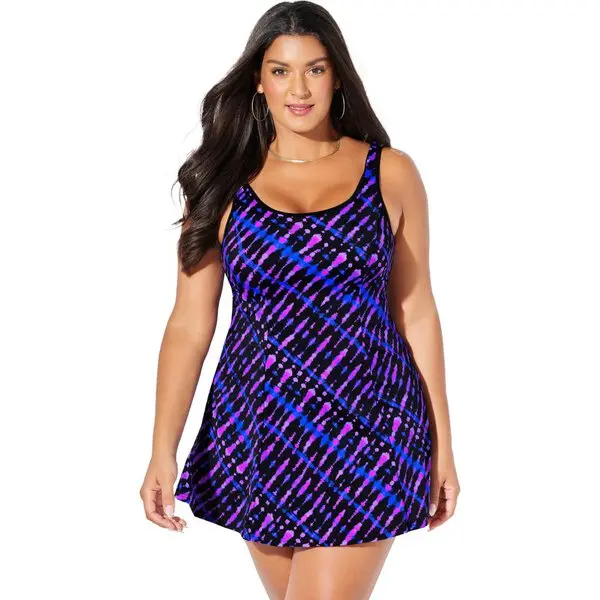 SWIMSUITS FOR ALL Tank Swimdress - Electric Purple Waves