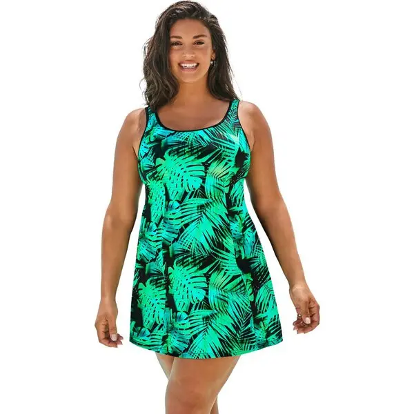 SWIMSUITS FOR ALL Tank Swimdress - Green Electric Palm