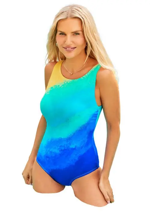 SWIMSUITS FOR ALL Chlorine Resistant High Neck One-piece Swimsuit - Ocean Ombre