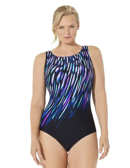 SWIMSUITS FOR ALL Chlorine Resistant High Neck One-piece Swimsuit - Purple Blue Rain
