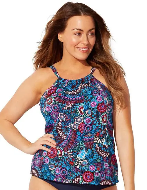 SWIMSUITS FOR ALL High Neck Tankini Top With Shirring And Adjustable Straps - Multi Paisley