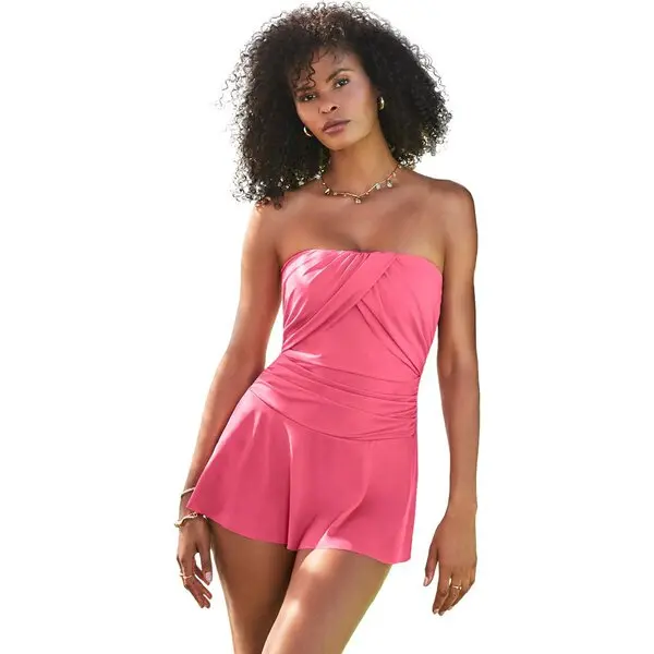 SWIMSUITS FOR ALL Ruched Skirted Bandeau Swimdress - Coral Pink