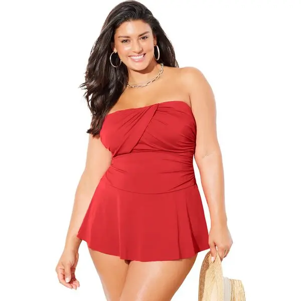 SWIMSUITS FOR ALL Ruched Skirted Bandeau Swimdress - Grenadine