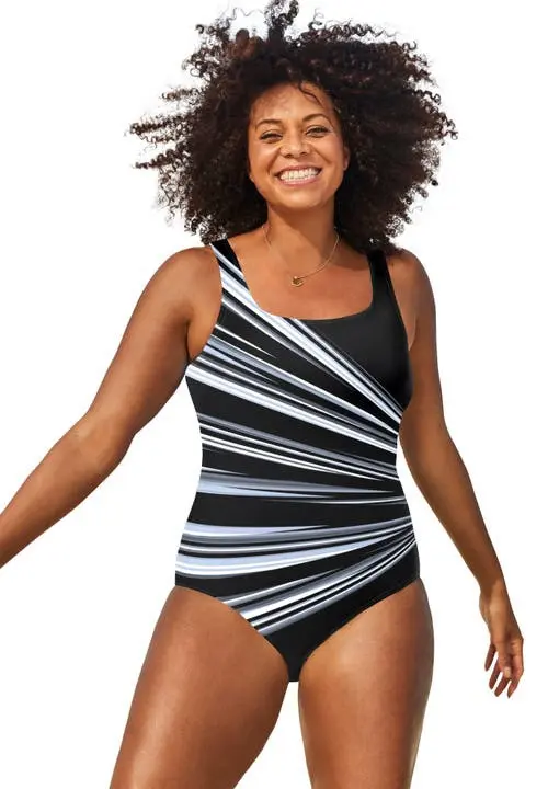 SWIMSUITS FOR ALL Chlorine Resistant Square Neck Tank One Piece Swimsuit - Black White Starburst