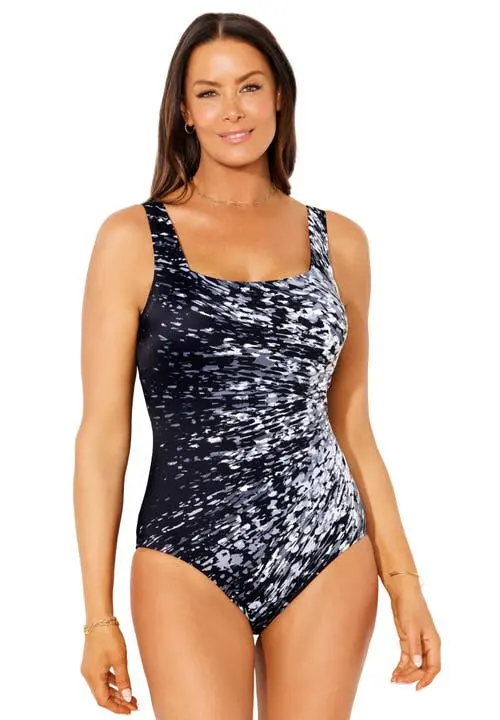 SWIMSUITS FOR ALL Chlorine Resistant Square Neck One Piece Swimsuit - Black White Sunburst