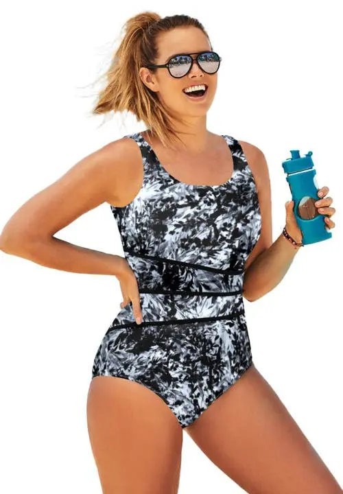 SWIMSUITS FOR ALL Chlorine Resistant Spliced Tank One Piece Swimsuit - Black Abstract