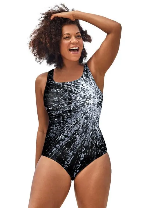SWIMSUITS FOR ALL Crossback One Piece Swimsuit - Black White Sunburst