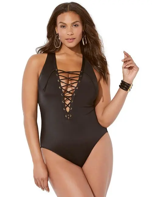 SWIMSUITS FOR ALL Lace-up Plunge One-piece Swimsuit - Black