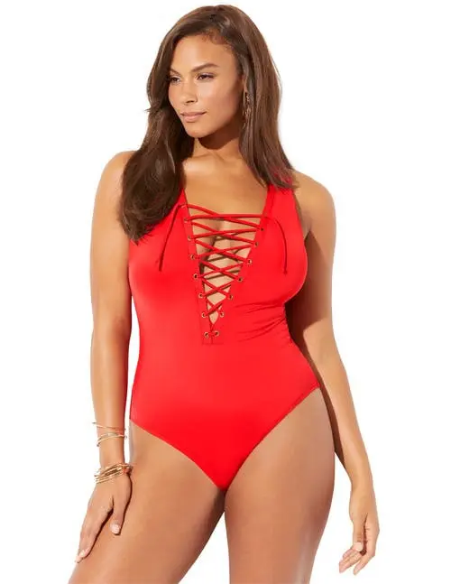 SWIMSUITS FOR ALL Lace-up Plunge One-piece Swimsuit - Lipstick Red