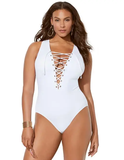 SWIMSUITS FOR ALL Lace-up Plunge One-piece Swimsuit - White