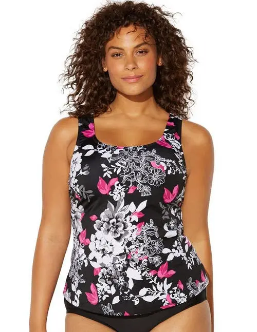 SWIMSUITS FOR ALL Classic Tankini Top With Scoopneck And Built-in Support - Garden Rose