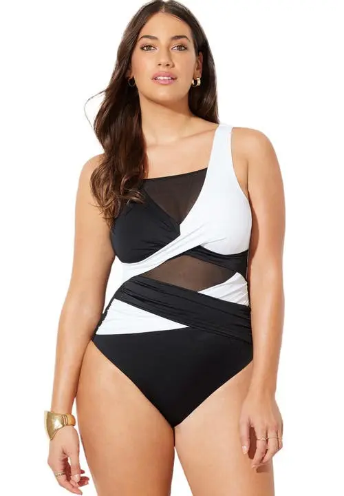 SWIMSUITS FOR ALL Mesh Colorblock Wrap One-piece Swimsuit - Black White