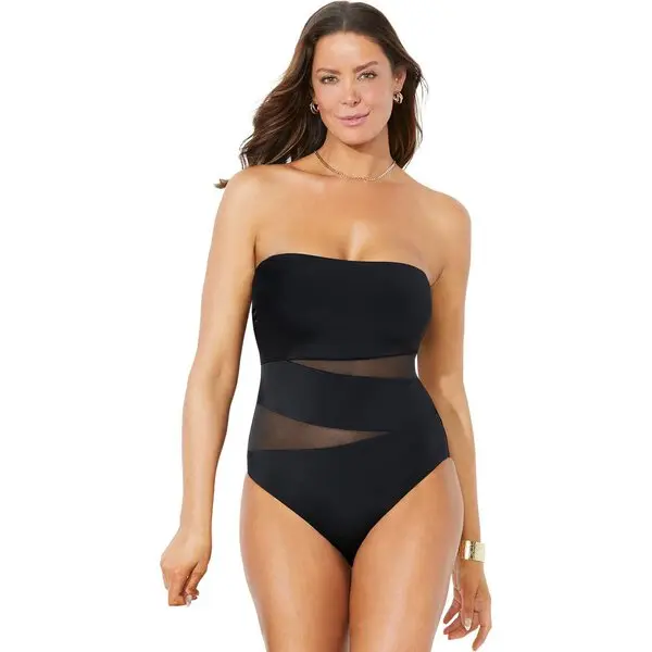 SWIMSUITS FOR ALL Mesh Wrap Bandeau One Piece Swimsuit - Black
