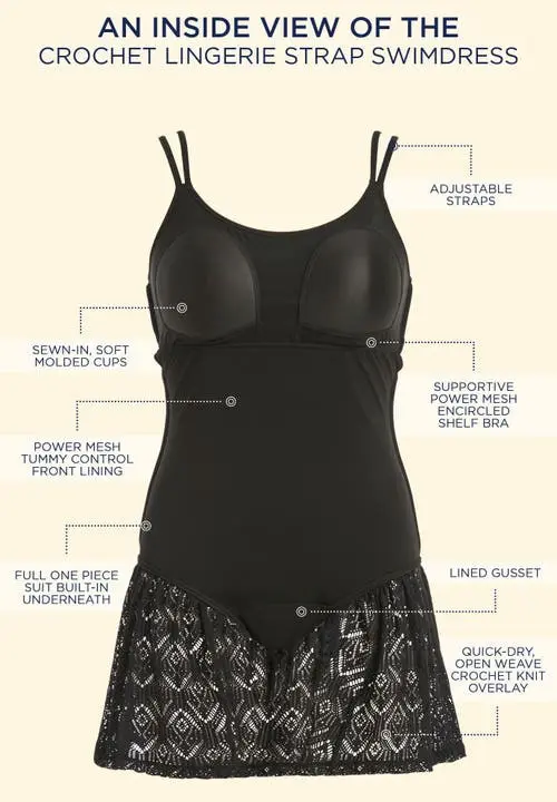 SWIMSUITS FOR ALL Crochet Lingerie Strap Swimdress With Tummy Control