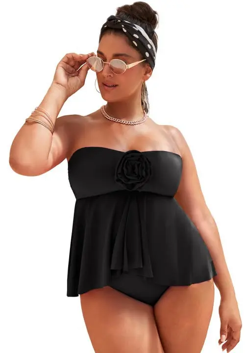 SWIMSUITS FOR ALL Rosette Bandeau Tankini Top - Black