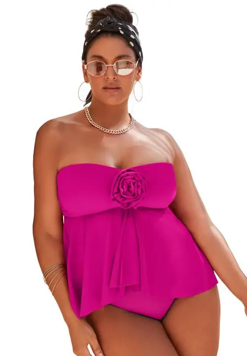 SWIMSUITS FOR ALL Rosette Bandeau Tankini Top - Fruit Punch