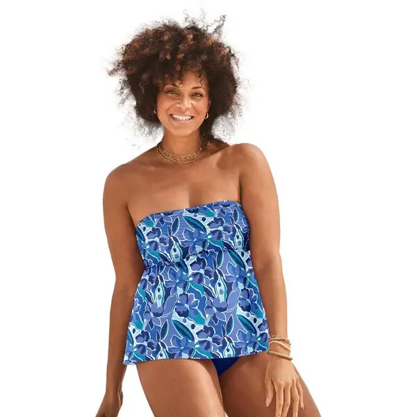 SWIMSUITS FOR ALL Smocked Bandeau Tankini Top - Blue Paradise