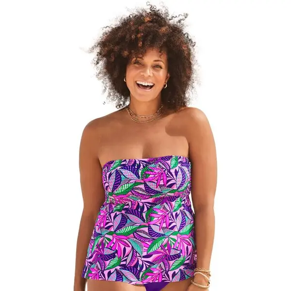 SWIMSUITS FOR ALL Smocked Bandeau Tankini Top - Purple Palm Leaves