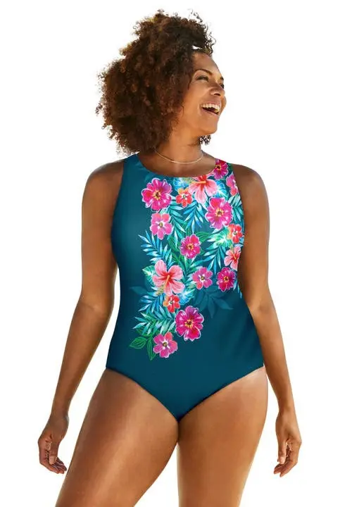 SWIMSUITS FOR ALL Chlorine Resistant High Neck One Piece Swimsuit - Mediterranean Hibiscus
