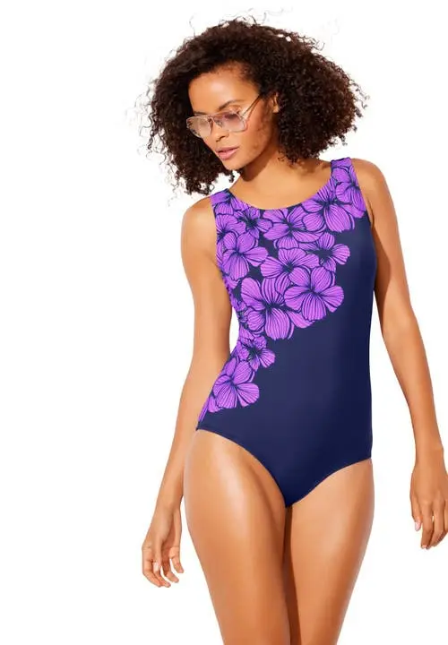 SWIMSUITS FOR ALL Chlorine Resistant High Neck One Piece Swimsuit - Navy Lilac Tropical