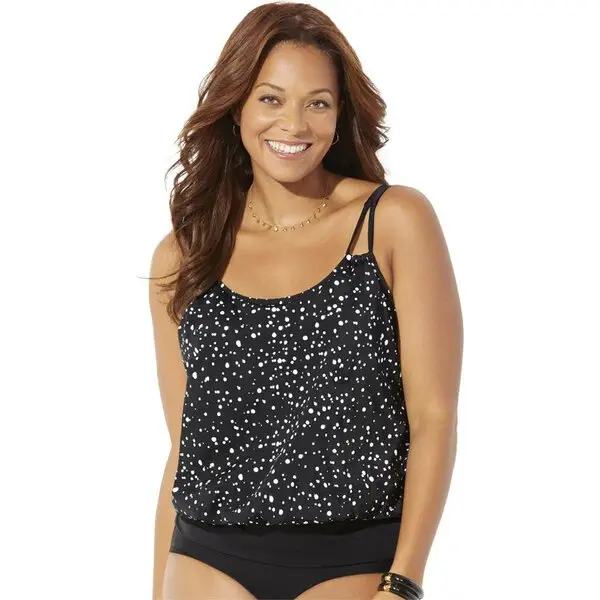SWIMSUITS FOR ALL Loop Strap Blouson Tankini Top - Black White Dot
