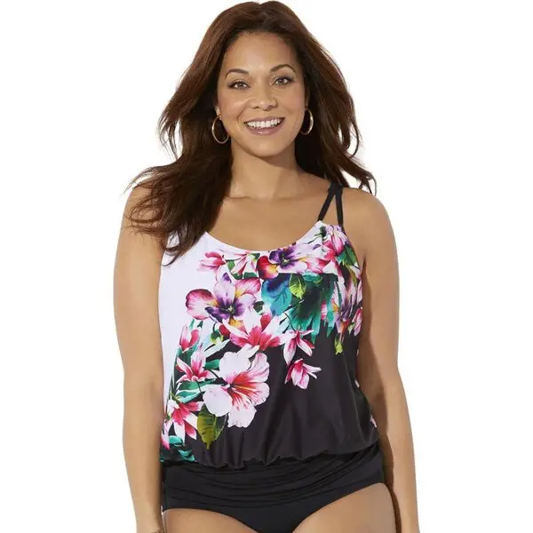 SWIMSUITS FOR ALL Loop Strap Blouson Tankini Top - Engineered Floral