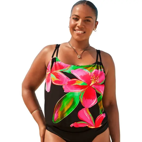 SWIMSUITS FOR ALL Loop Strap Blouson Tankini Top - Pink Floral Bloom