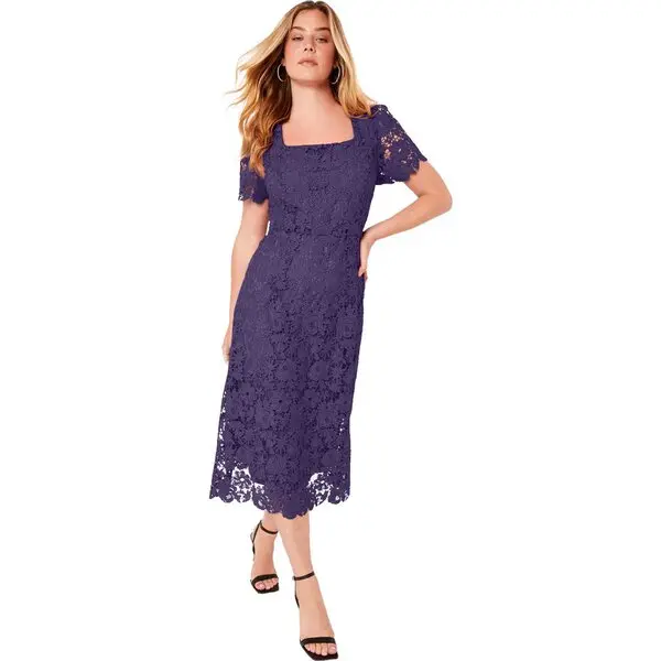 JUNE + VIE Square-neck A-line Lace Midi Dress - Purple Reign